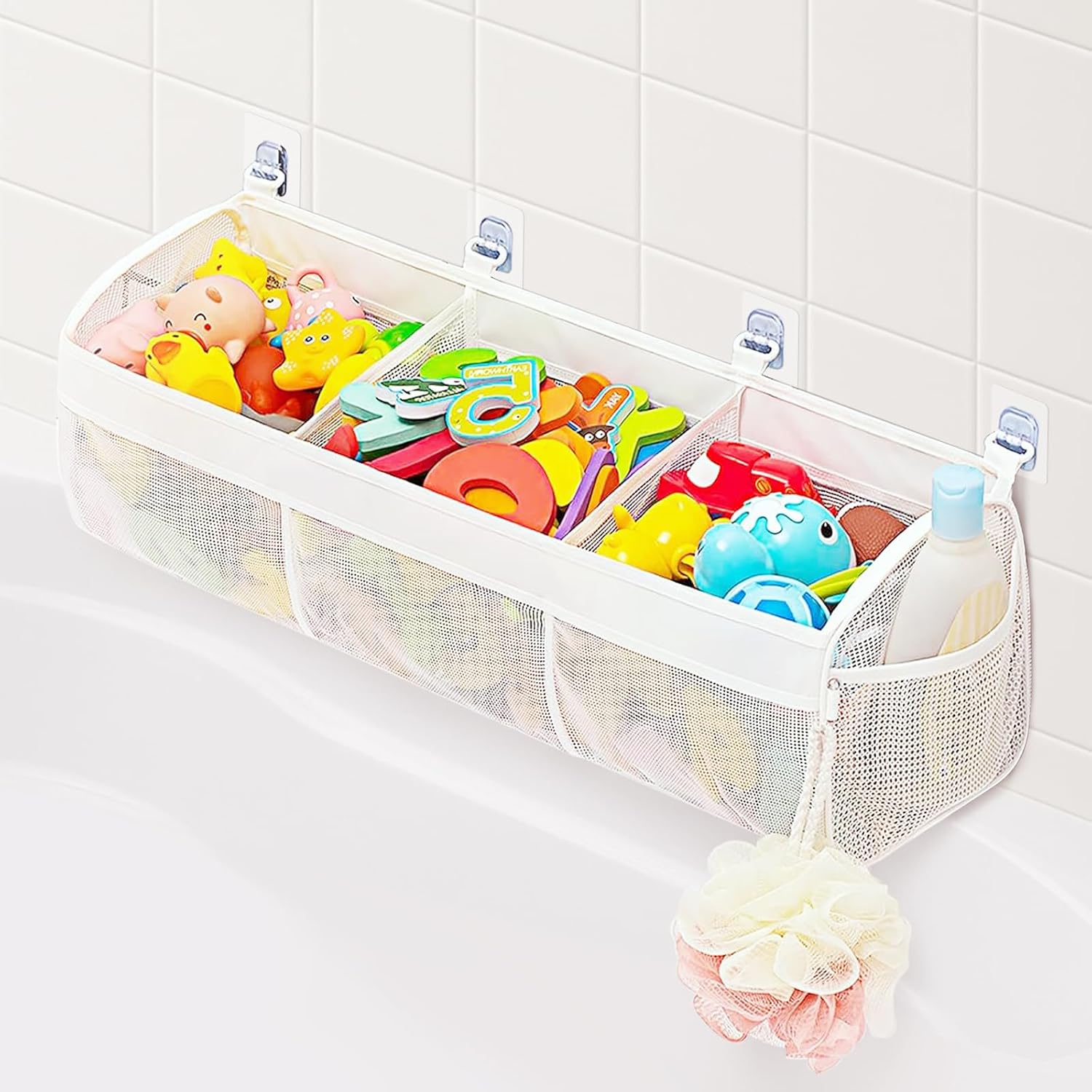 JUSJUBR Bath Toy Storage Net, 3 Compartment Hanging Plaything Storage ...