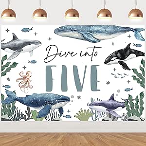 Amazon.com : Fangleland 5x3ft Shark 5th Birthday Party Backdrop Decorations, Sea World Ocean ...