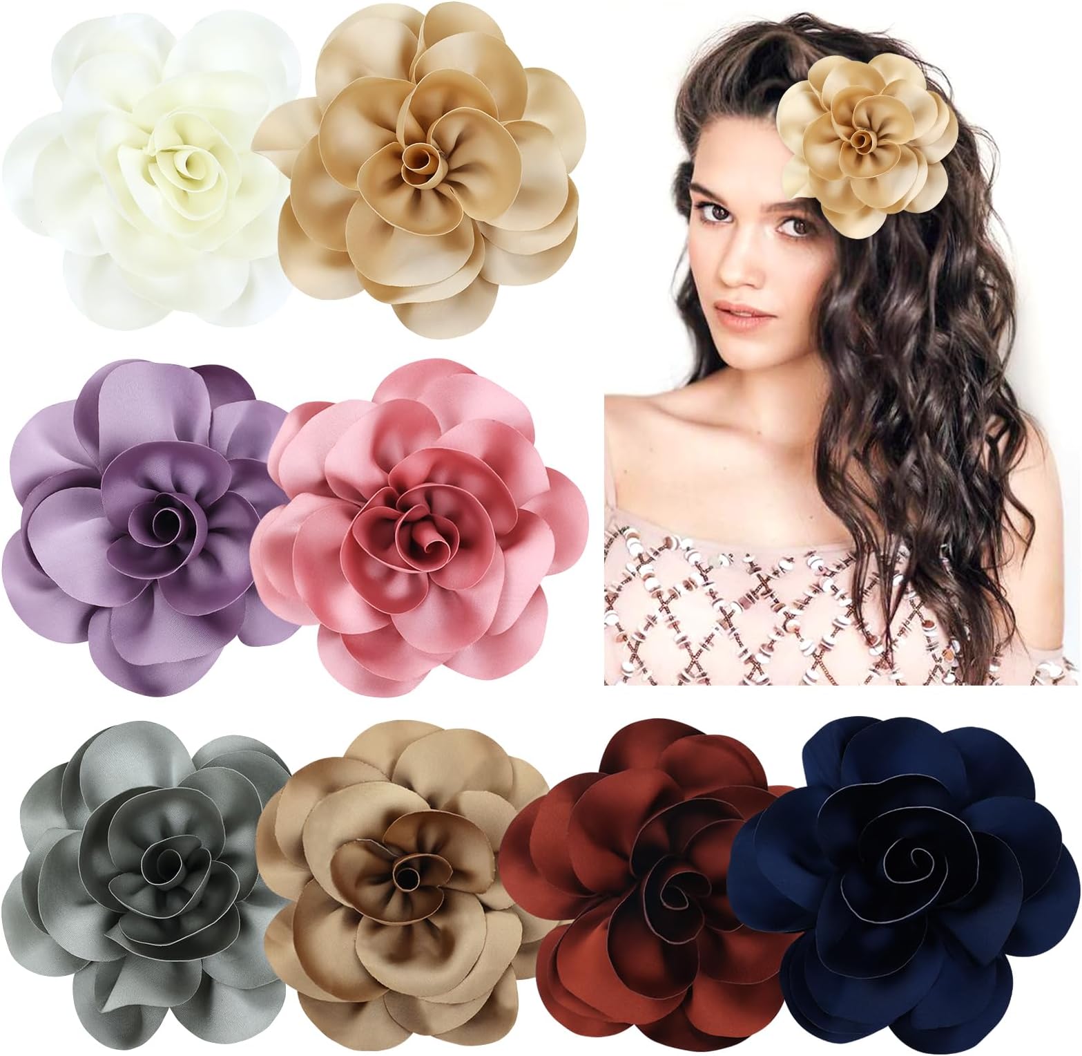 Amazon.com : Cinaci 8 Pieces 13cm/5" Silky Satin Big Flower Brooch Pins ...