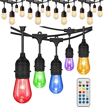 48ft Outdoor Patio String Lights with S14 LED Bulbs, Warm White & RGB ...