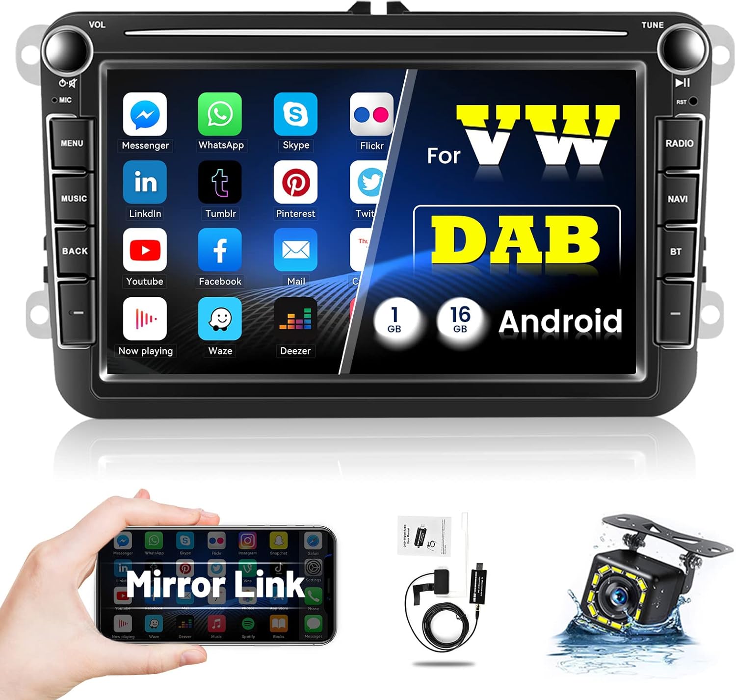 DAB Autoradio 2 Din Android 11 mit Navi für VW Golf 5 6 Passat B6 B7 Turan Polo Jetta Caddy ...