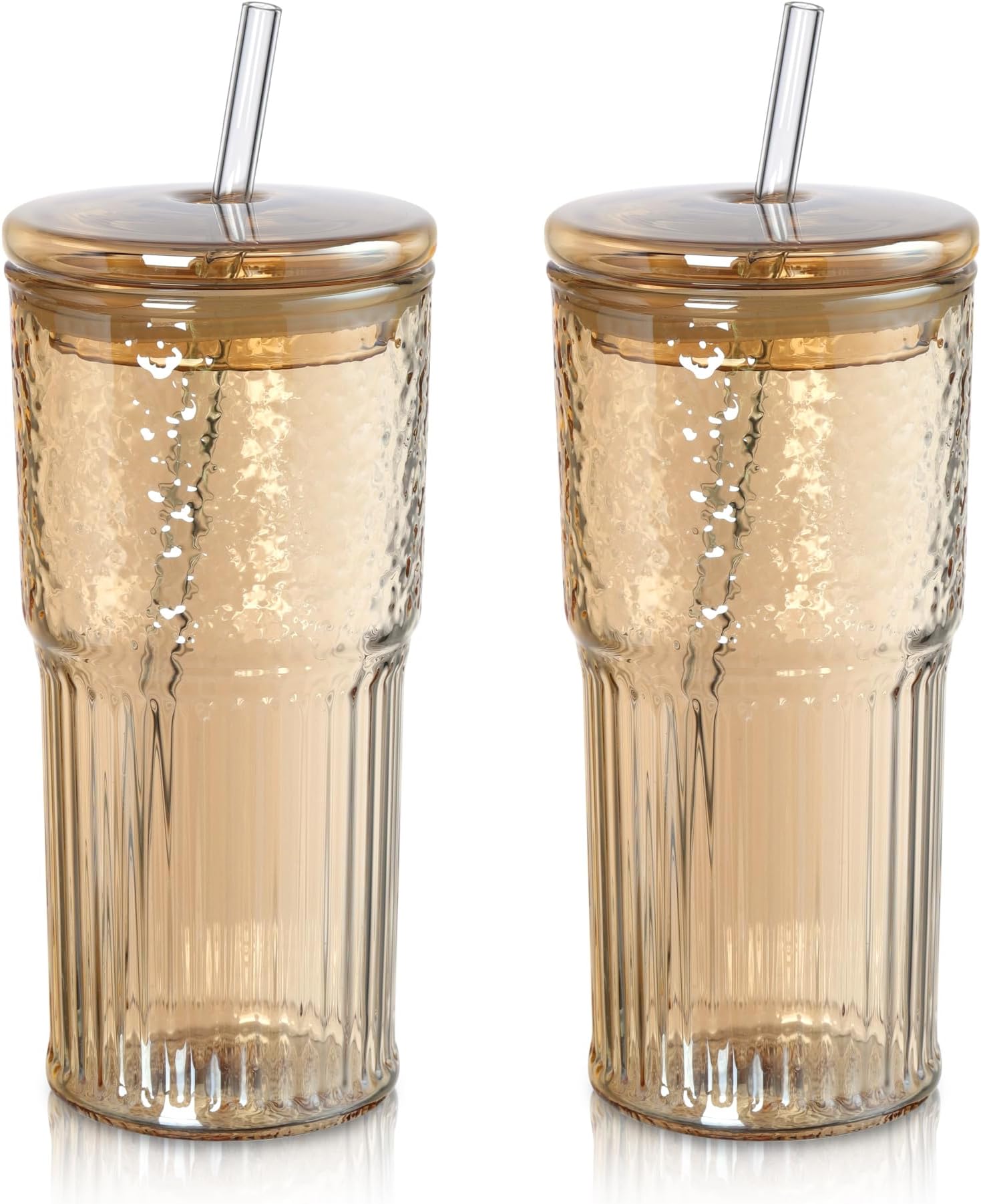 Amazon.com: Glass Cups with Lids and Straws, Amber 20 OZ Iced Water ...