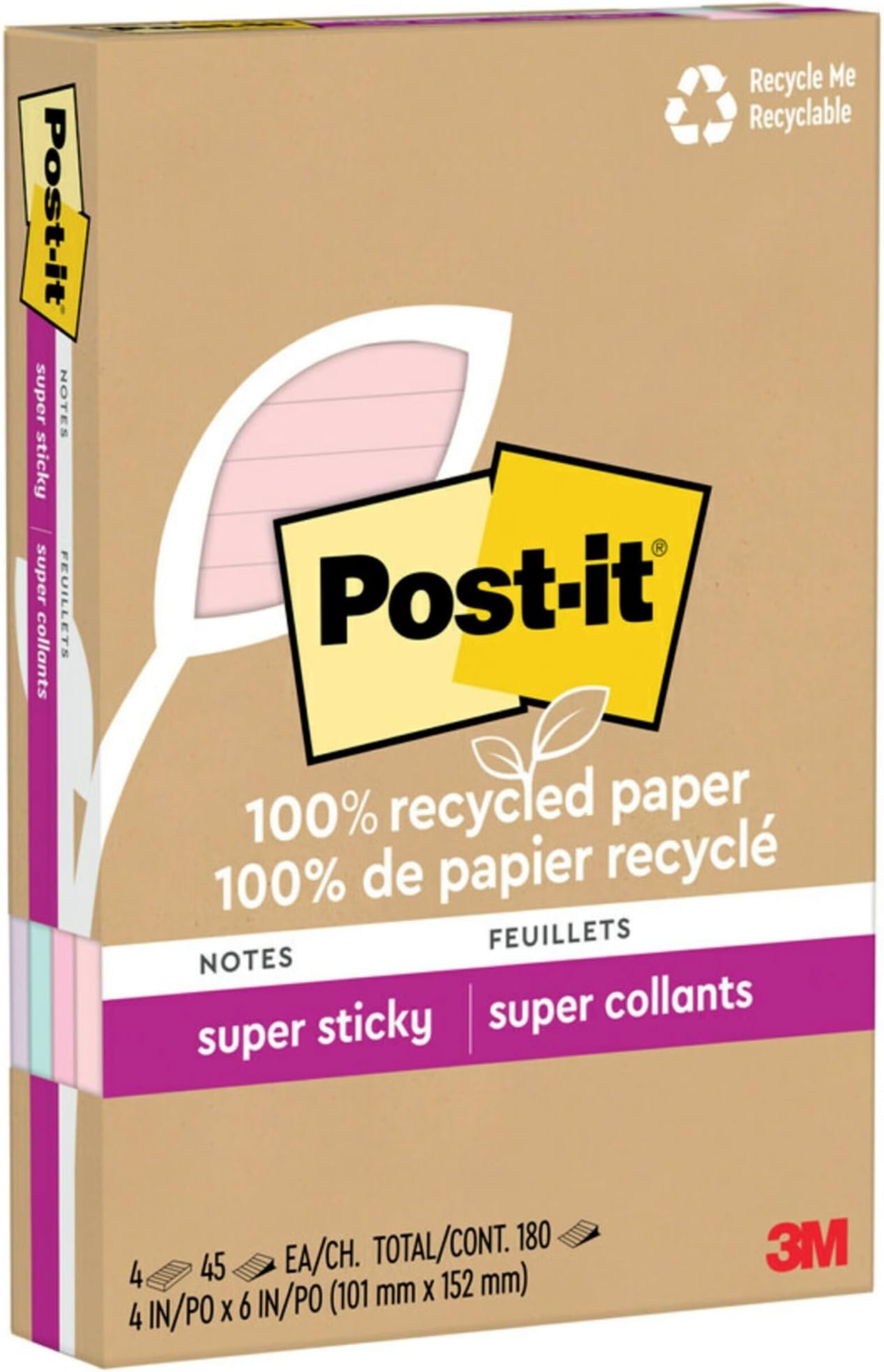 Post-it 100% Recycled Paper Super Sticky Notes, 2X The Sticking Power ...