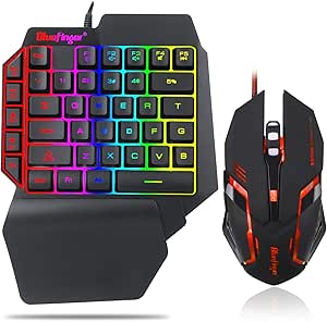 Combo de teclado RGB para juegos con una sola mano y mouse retroiluminado, letras arcoíris con ...