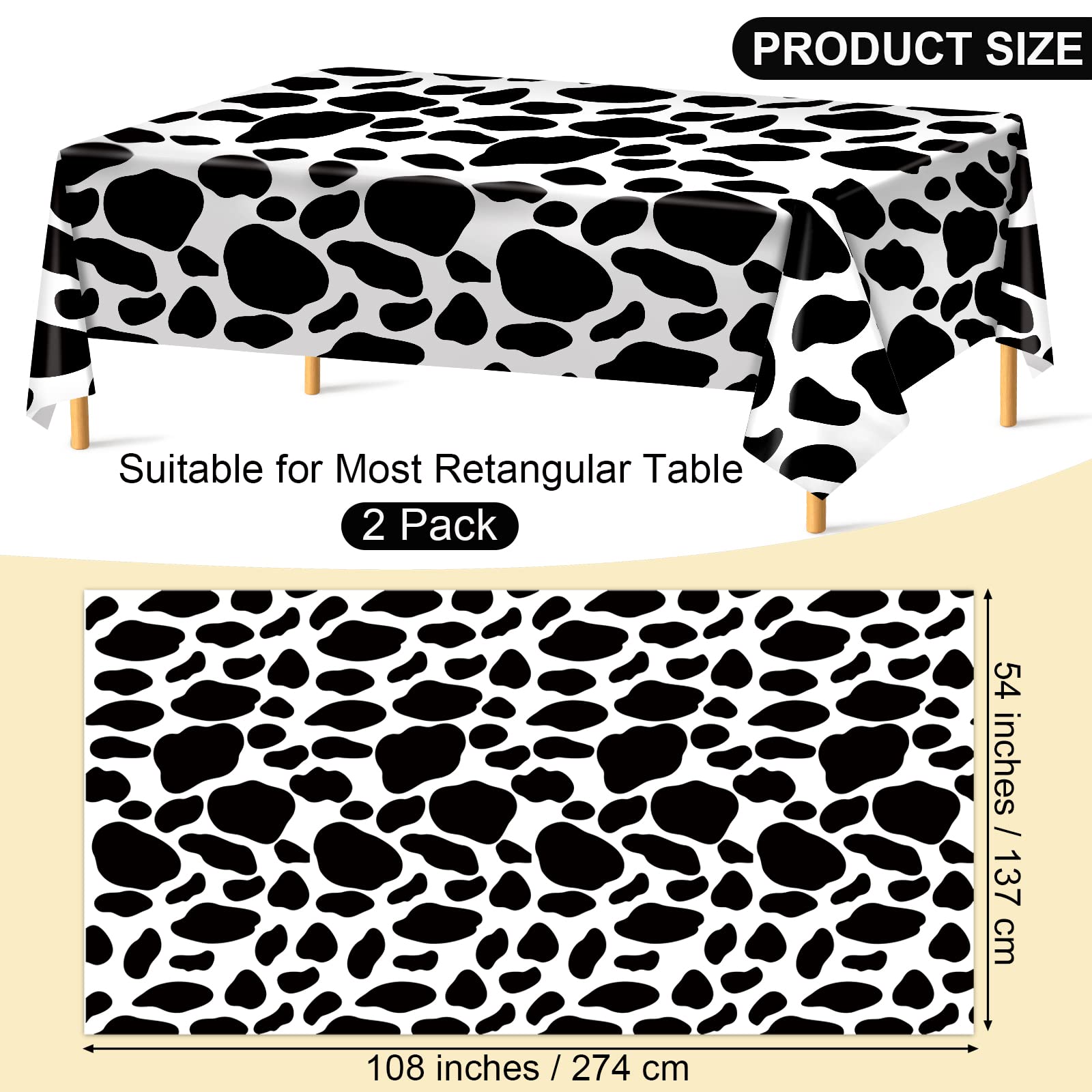 Snapklik.com : Durony 2 Packs Cow Print Tablecloth 108 X 54 Inch Black ...