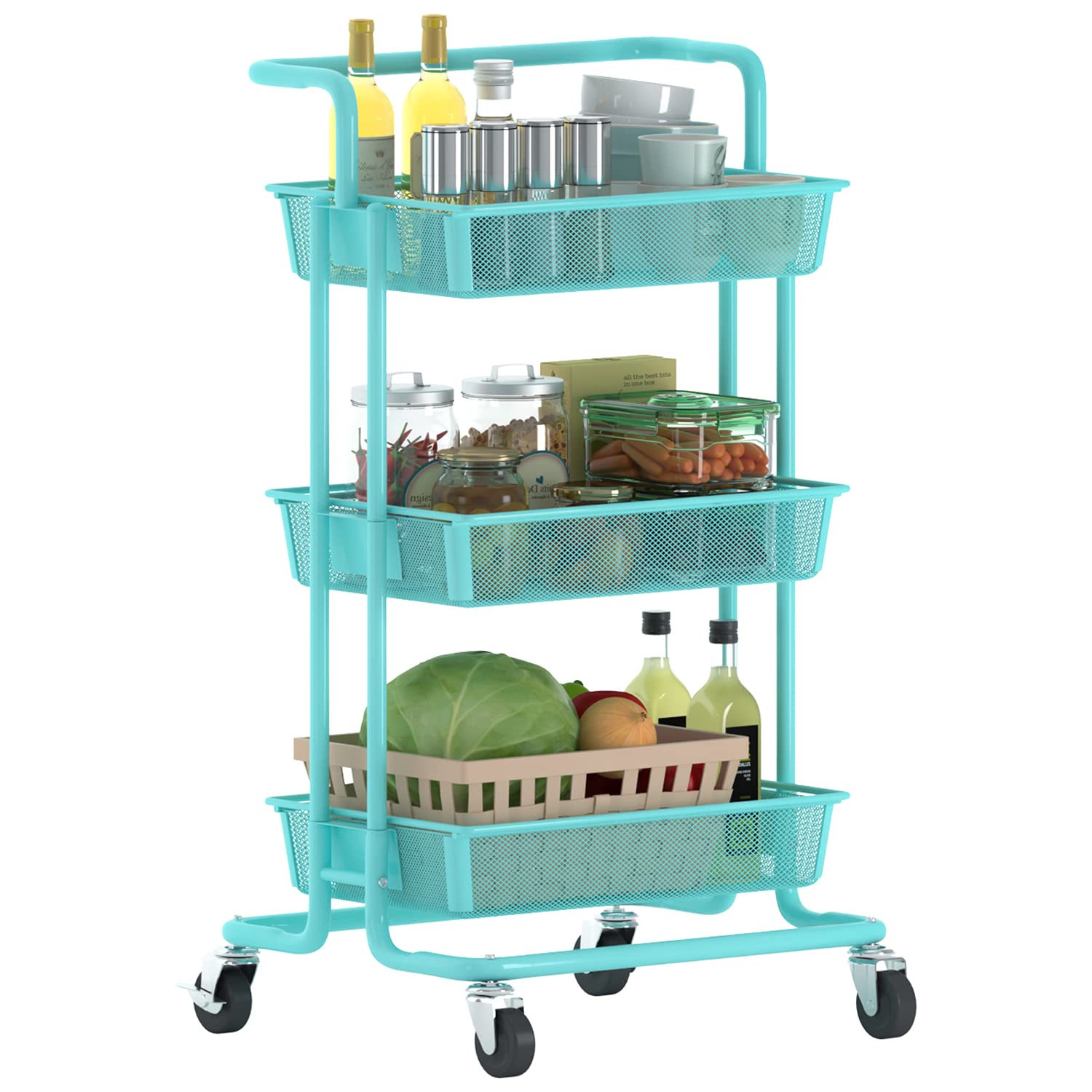 Buy PUSDON 3-Tier Rolling Utility Cart, Metal Mesh Trolley Service Cart ...