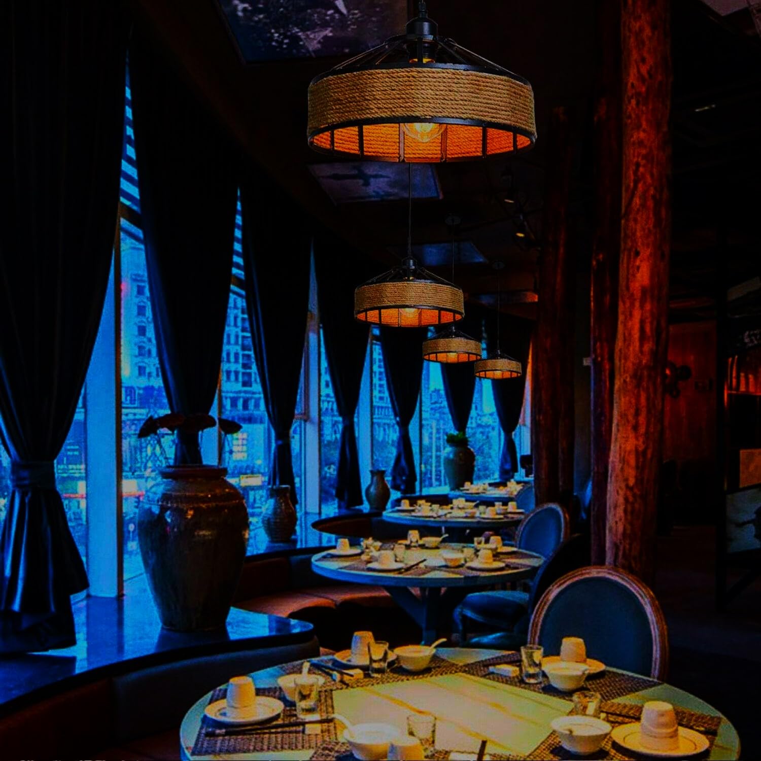 Metal & Rope Lamp Shades Ceiling, Small Retro Hemp Rope Black Ceiling ...