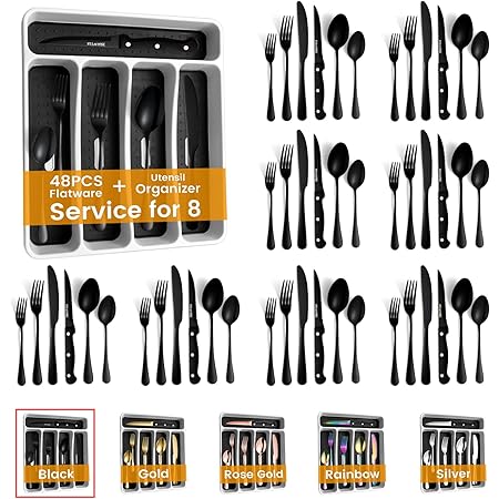 Amazon.com | 49piece Black Silverware Set with Organizer, Stainless ...