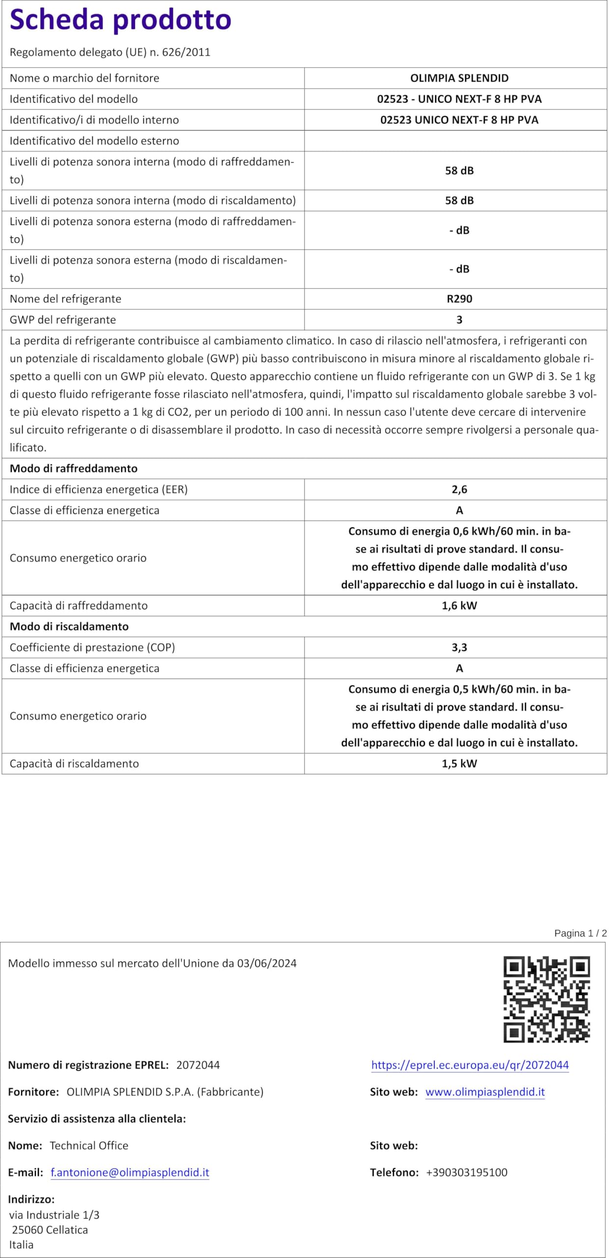 Olimpia Splendid, Unico Air HP EFA Climatizzatore a Pompa di Calore ...