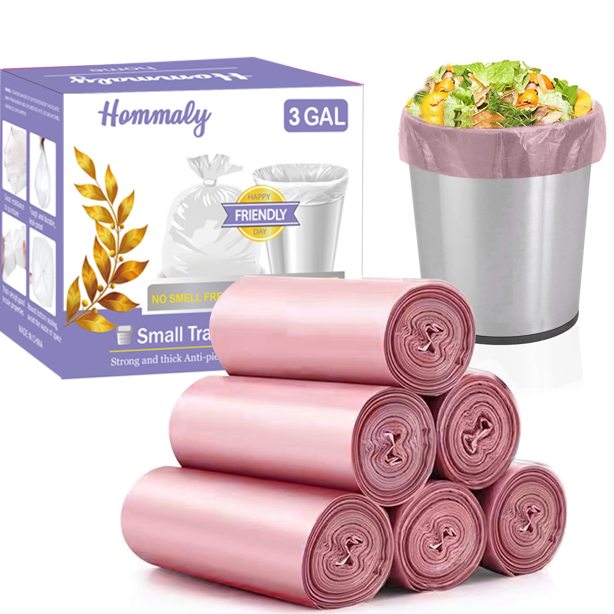 3 Gallon 180pcs Small Pink Trash Bags(Fit 2.6-3.2 Gal)Plastic Strong ...
