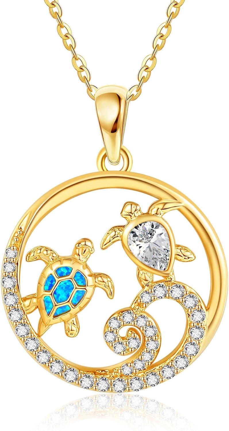 Amazon.com: ELFRONT 14K Solid Yellow Gold Sea Turtle Wave Pendant ...