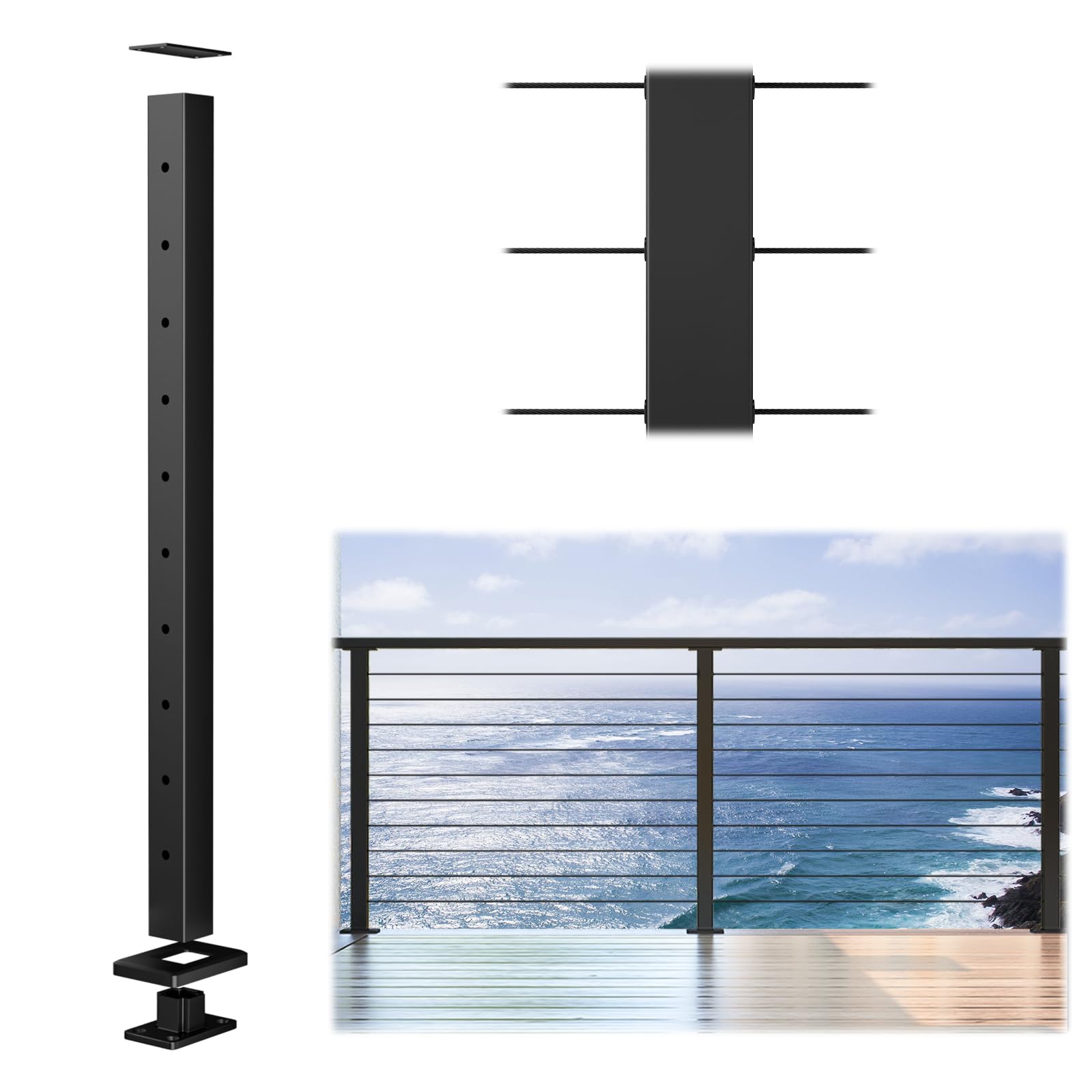 Snapklik.com : Muzata Aluminum Black Cable Railing Post 36 Inch 36"X2 ...