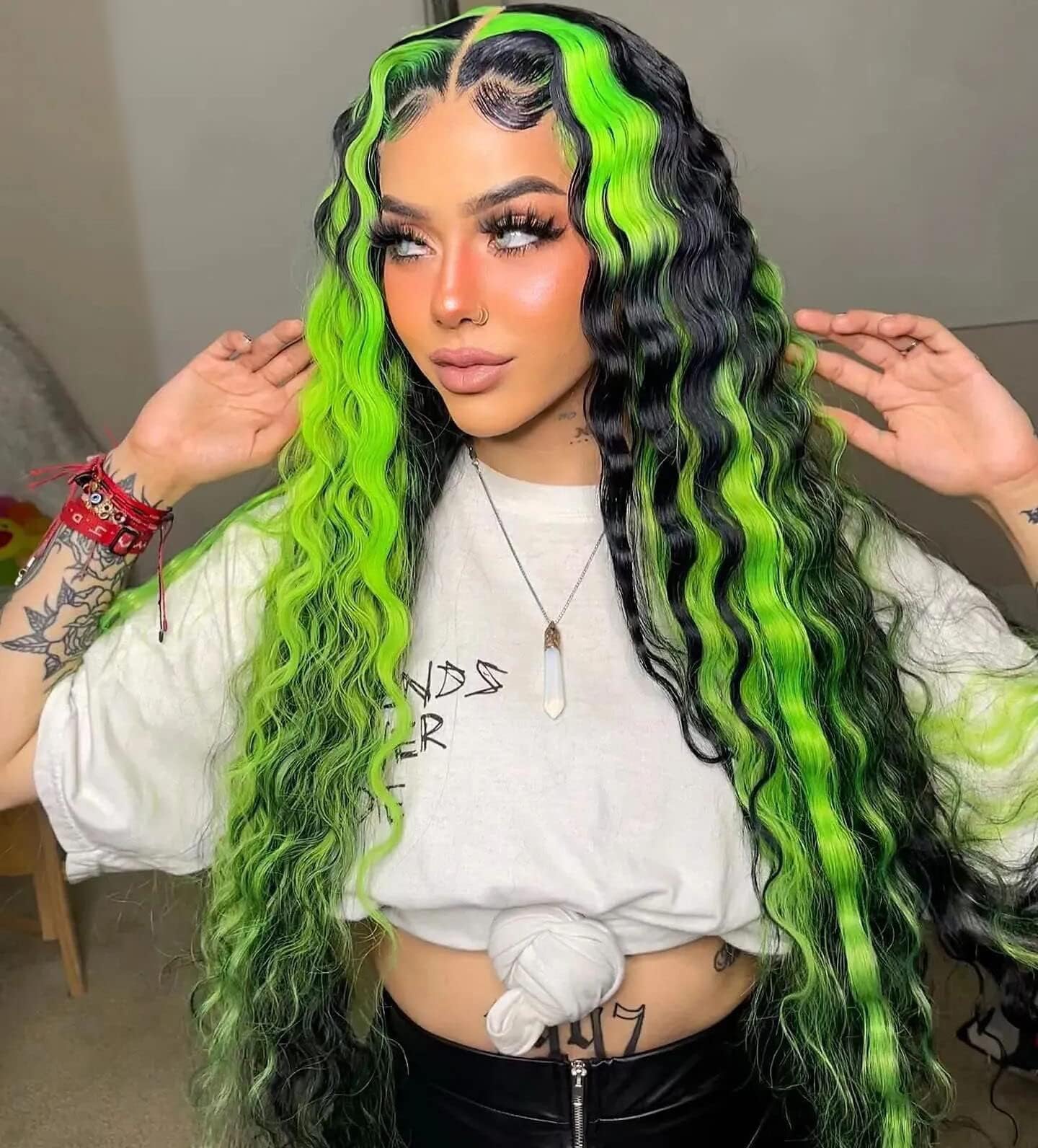 Amazon.com : GIANNAY Green and Black Lace Front Wigs Long Wave ...