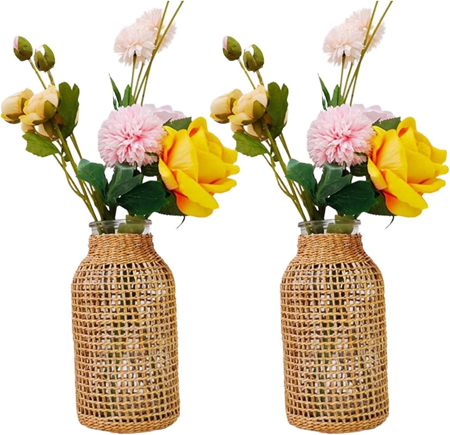 Amazon.com: MEUMITY 2PCS Rustic Glass Flower Vase,Rattan Woven Dried ...