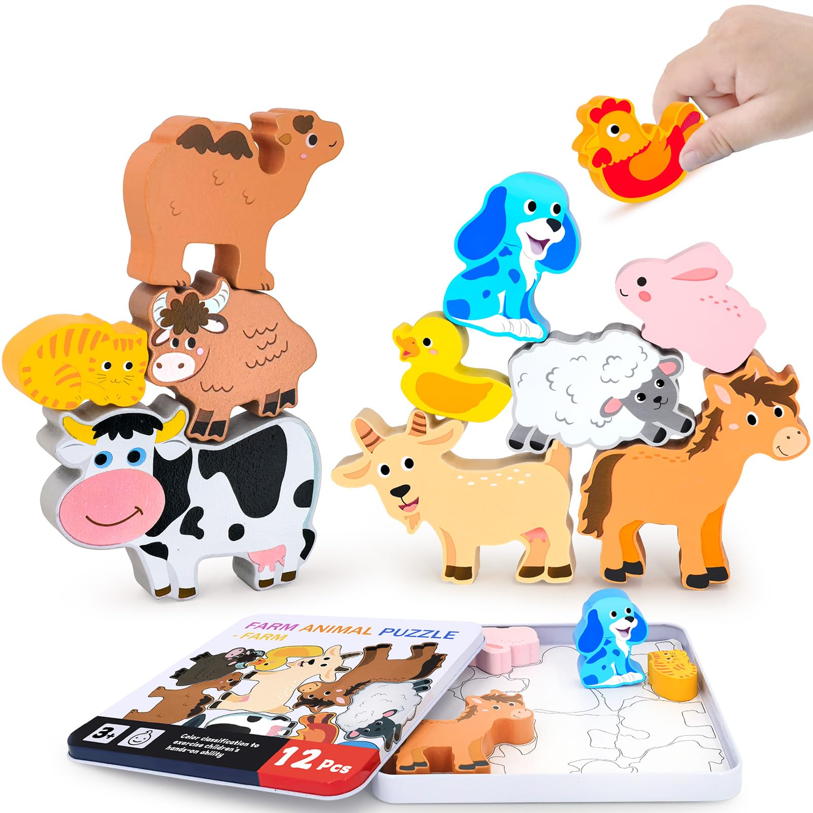 Amazon.com: KECIABO Wooden Animal Puzzles Toys for Toddlers,12 Pcs Farm ...