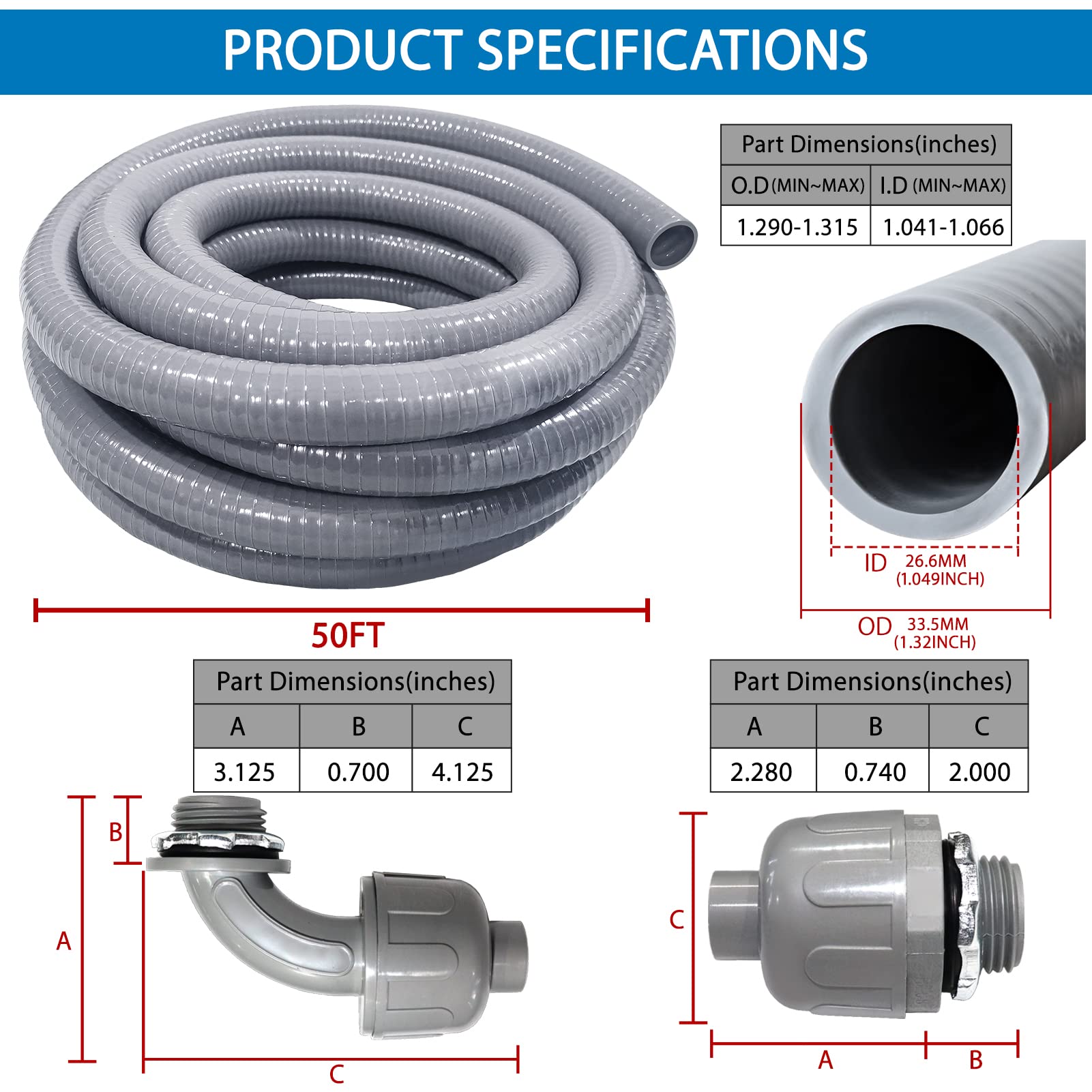 1inch 50ft Electrical Conduit Kit,with 5 Straight and 3 Angle Fittings ...
