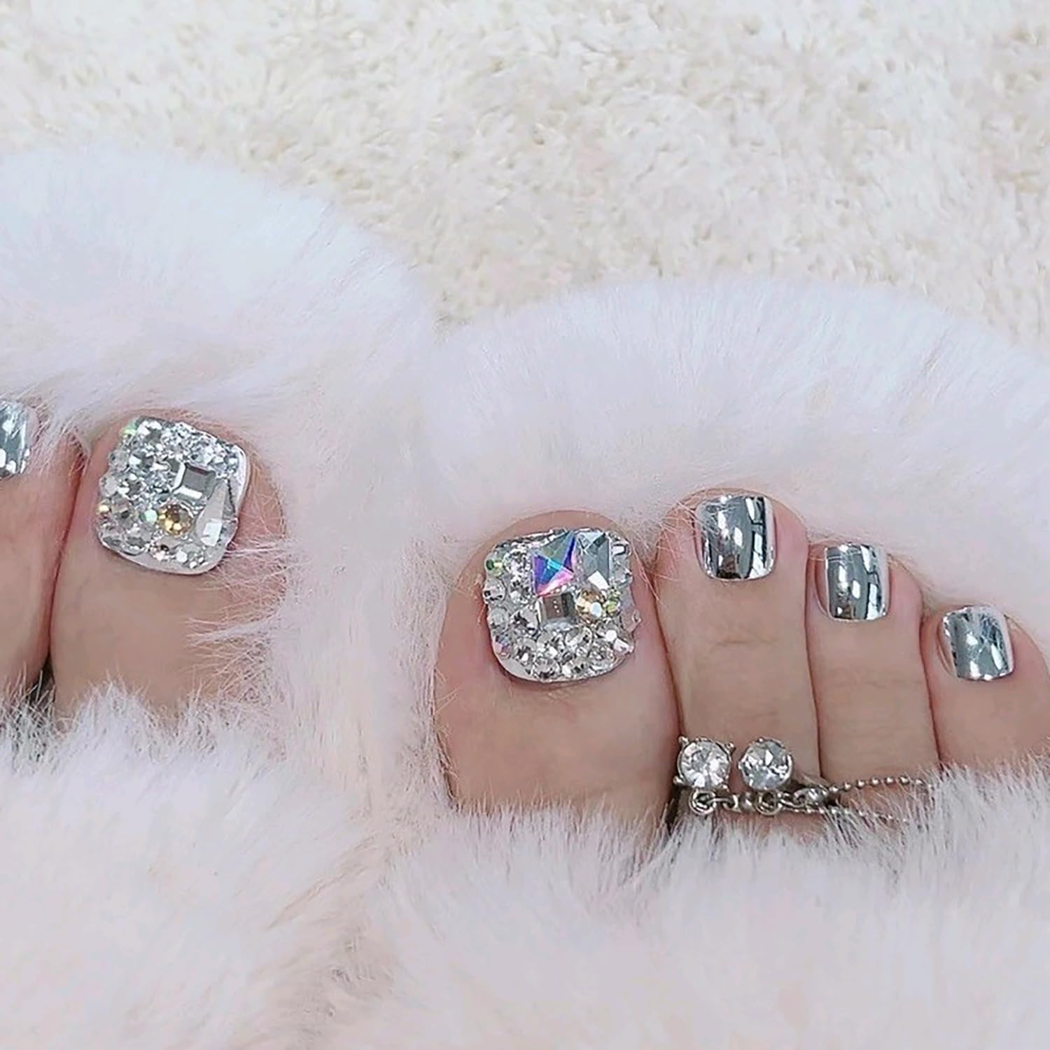 Amazon.com: Glitter Silver False Toenail Sets - Press on Coffin Nails ...