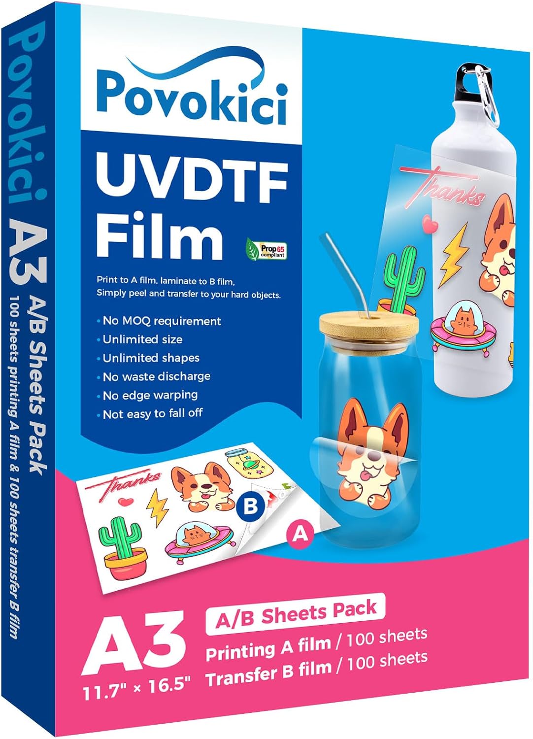 Amazon.com : POVOKICI UV DTF Transfer Film Paper, A3 200 Sheets A/B ...