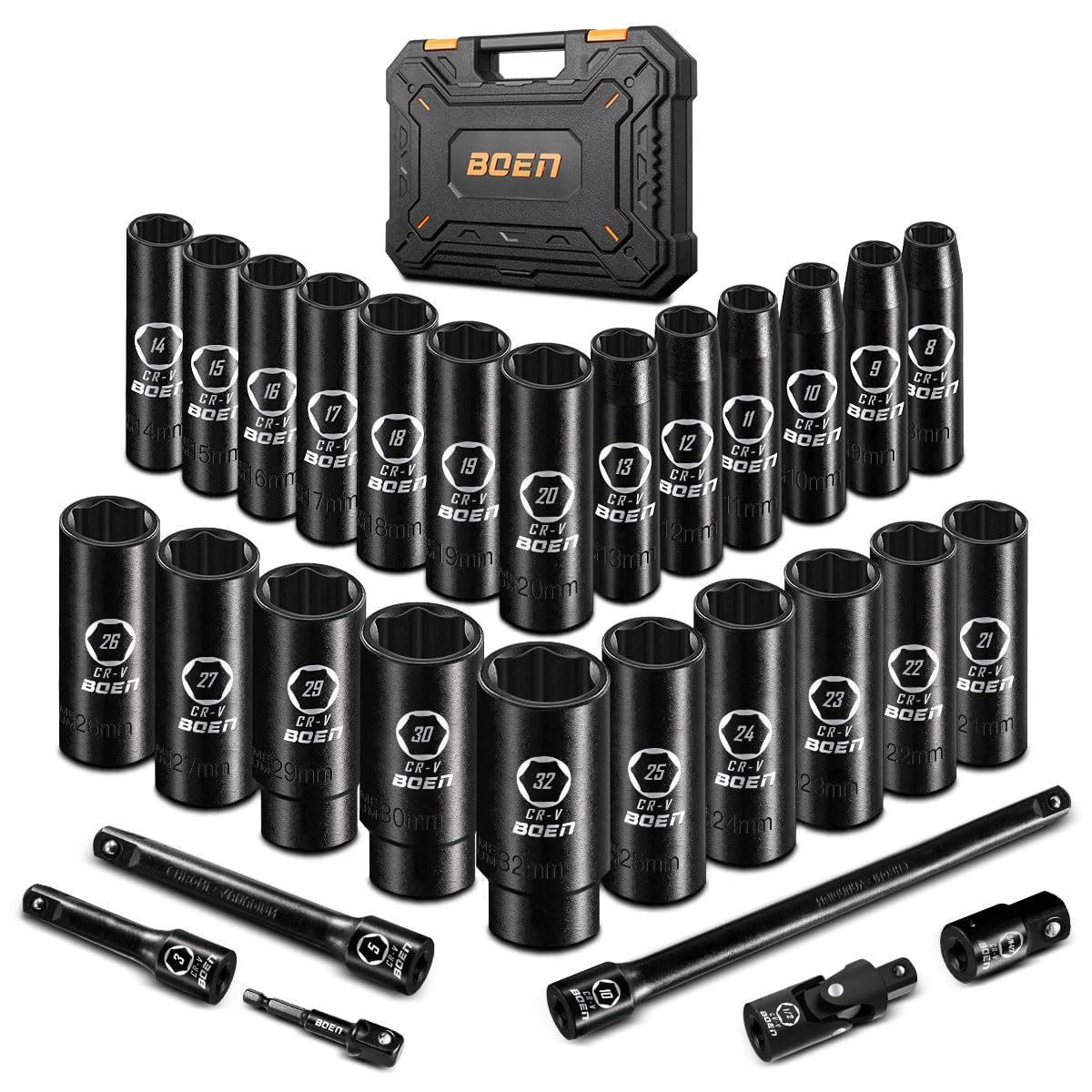 Snapklik.com : Boen 8mm-32mm 1/2” Drive Metric Socket Set, Impact Deep ...