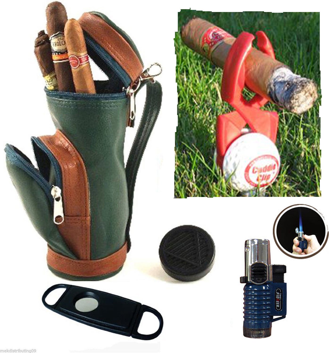 Buy Cigar Caddy Golf Gift Set Mini Golf Bag Humidor Triple Flame Torch ...
