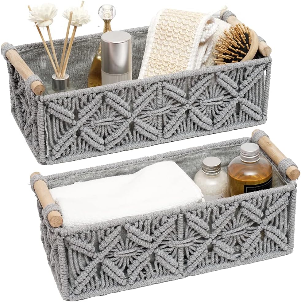 Amazon.com: Primepoch Macrame Storage Baskets With Wood Handles, Boho ...