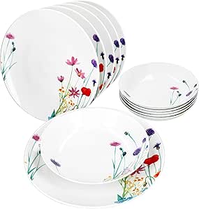 MamboCat Marie 12tlg Tafelservice I Porzellan-Geschirr mit Blumenwiese-Dekor für 6 Personen I 6X ...