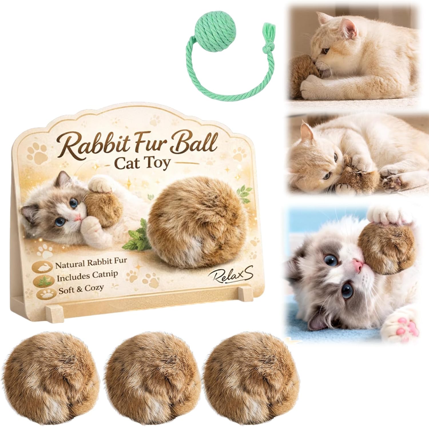 Amazon.com : Rabbit Fur Ball Cat Toy, Soft Fluffy Cat Toy Ball, Furry ...