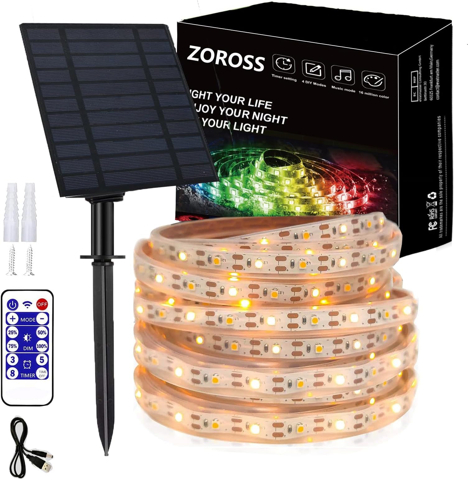 Solar LED Strip Lights Outdoor 32.8ft/10M 540LED Strip Waterproof ...