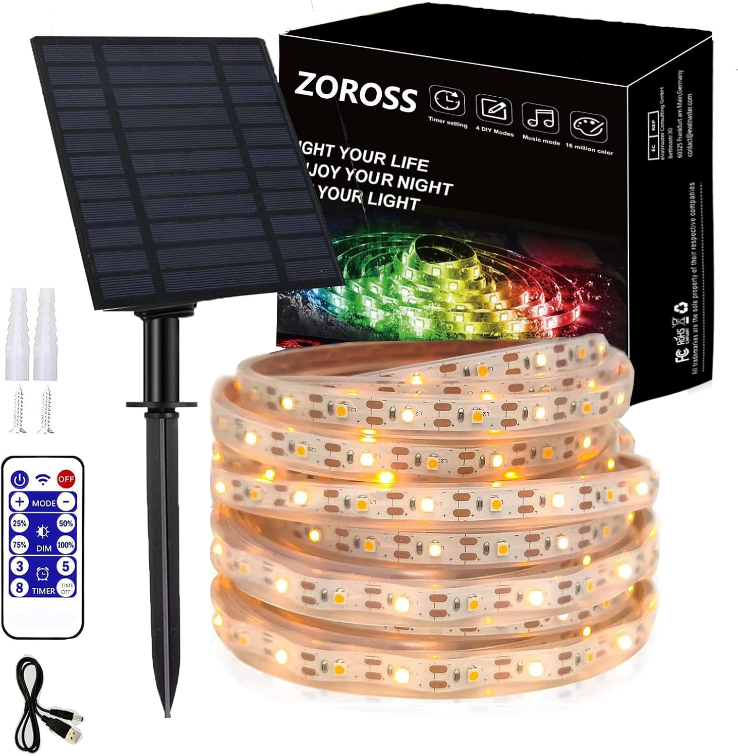 Solar LED Strip Lights Outdoor 32.8ft/10M 540LED Strip Waterproof ...