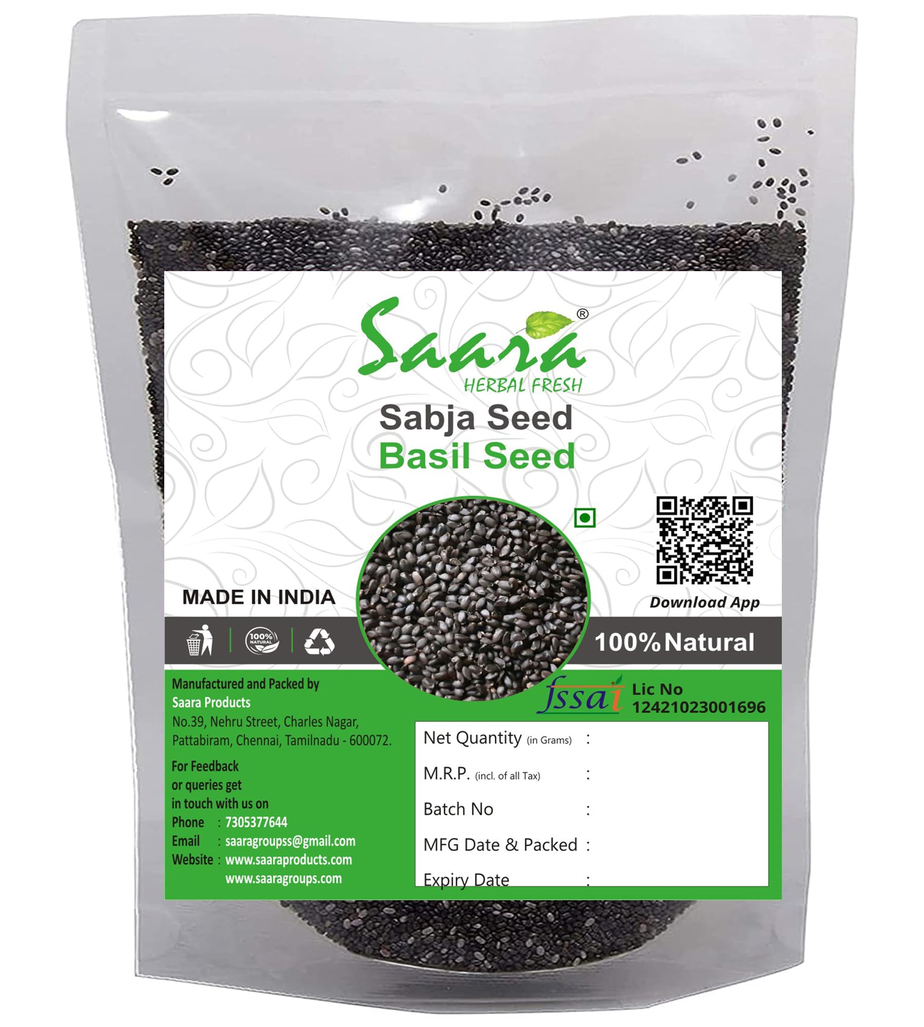Saara HERBAL FRESH Sabja Seeds, 50g, Basil Seeds, Falooda Seeds, Sabja ...