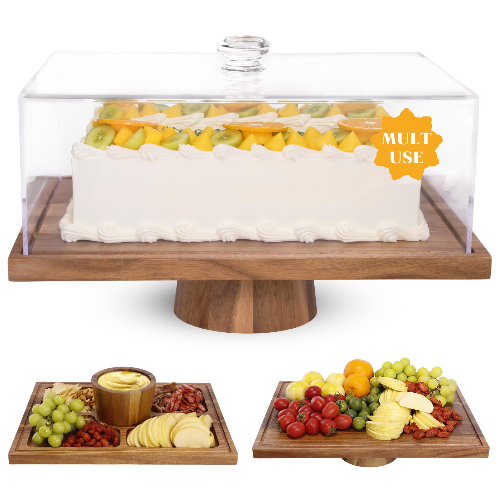 Cake Stand With Lid Yeqqzq Wood – 2-in-1 Rectangular Dessert Display ...