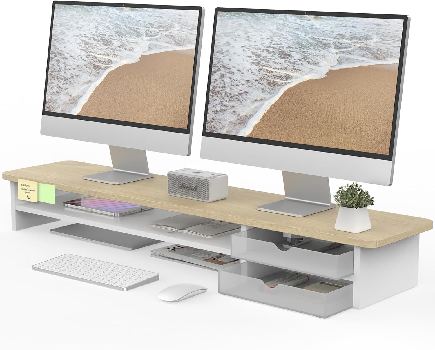 FENGE Dual Monitor Stand Riser With Drawers,2 Tier Wood & Acrylic ...