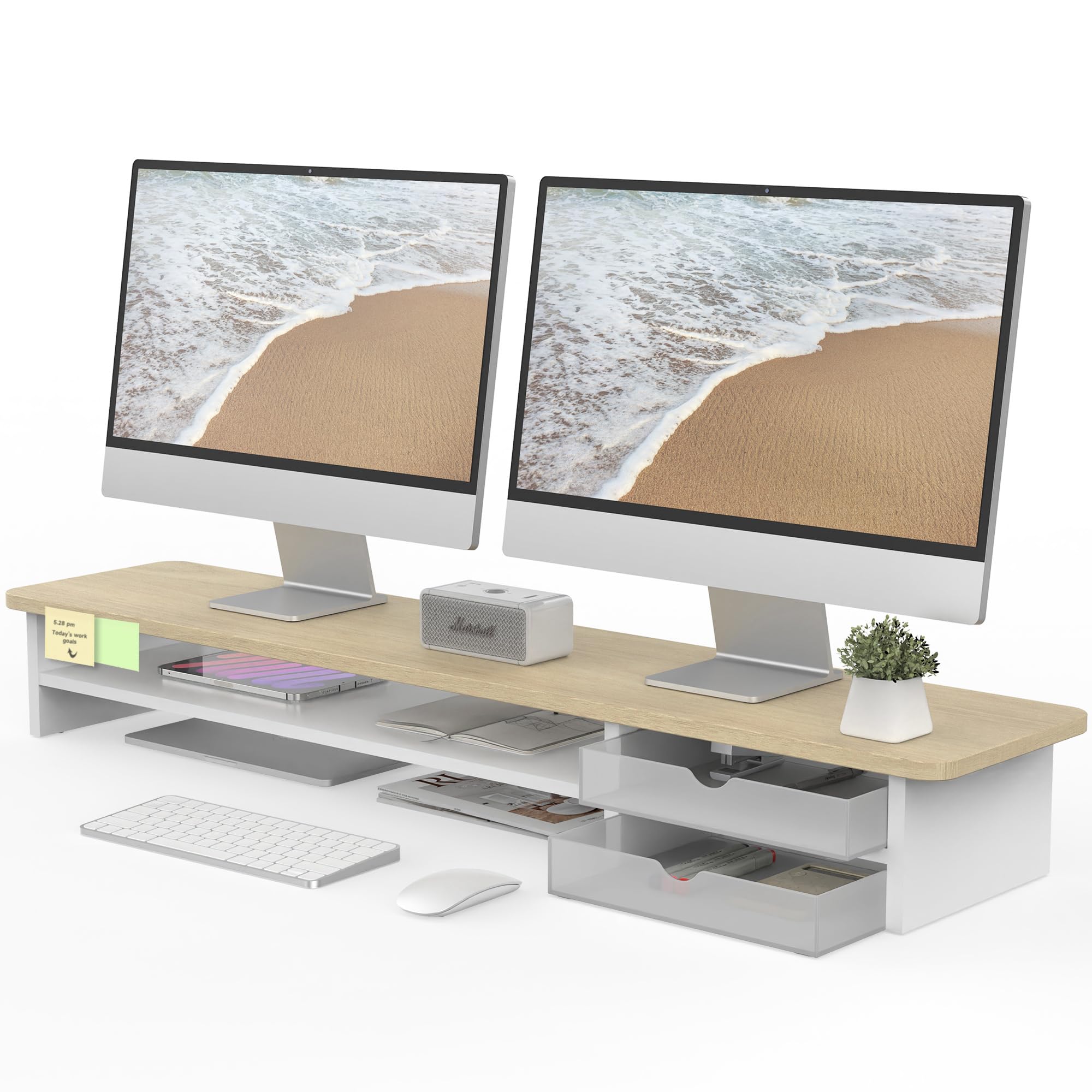 FENGE Dual Monitor Stand Riser With Drawers,2 Tier Wood & Acrylic ...