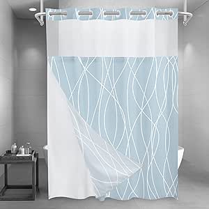 Amazon.com: LXBNI No Hook Light Blue Striped Long Shower Curtain with Snap in Fabric Liner Set ...