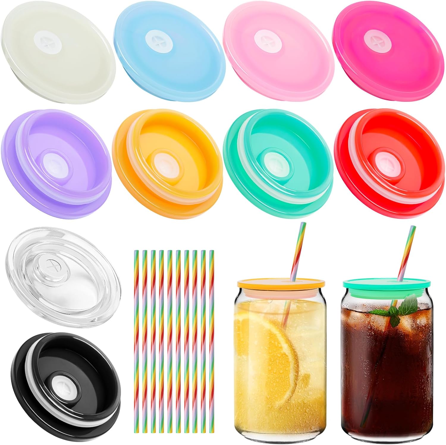 Amazon.com | 10 Sets Acrylic Lids For 16 oz Glass Cups with Straw Hole ...