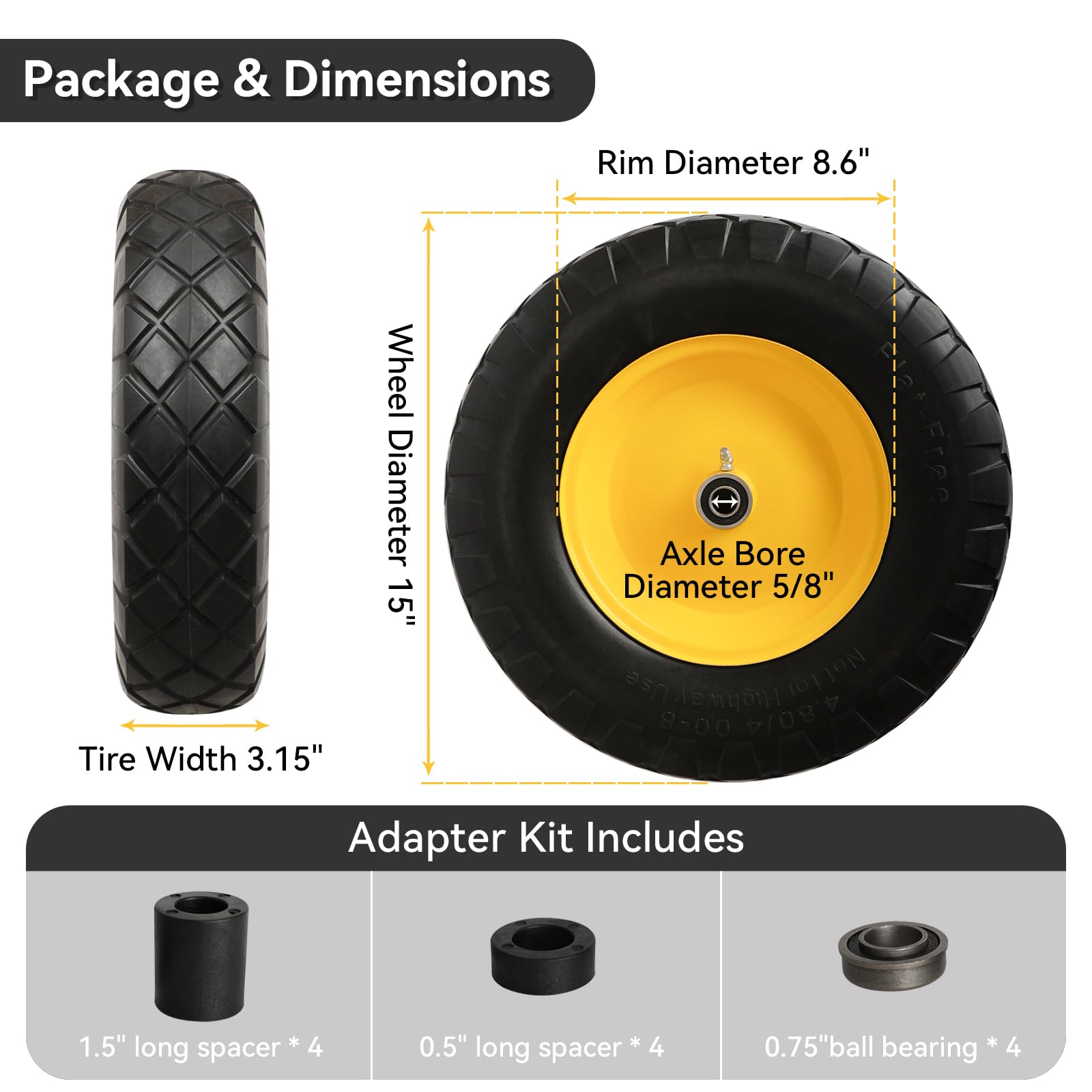 4.80/4.00-8" Tire and Wheel Assembly Set for Wheelbarrows, 5/8" or 3/4 ...