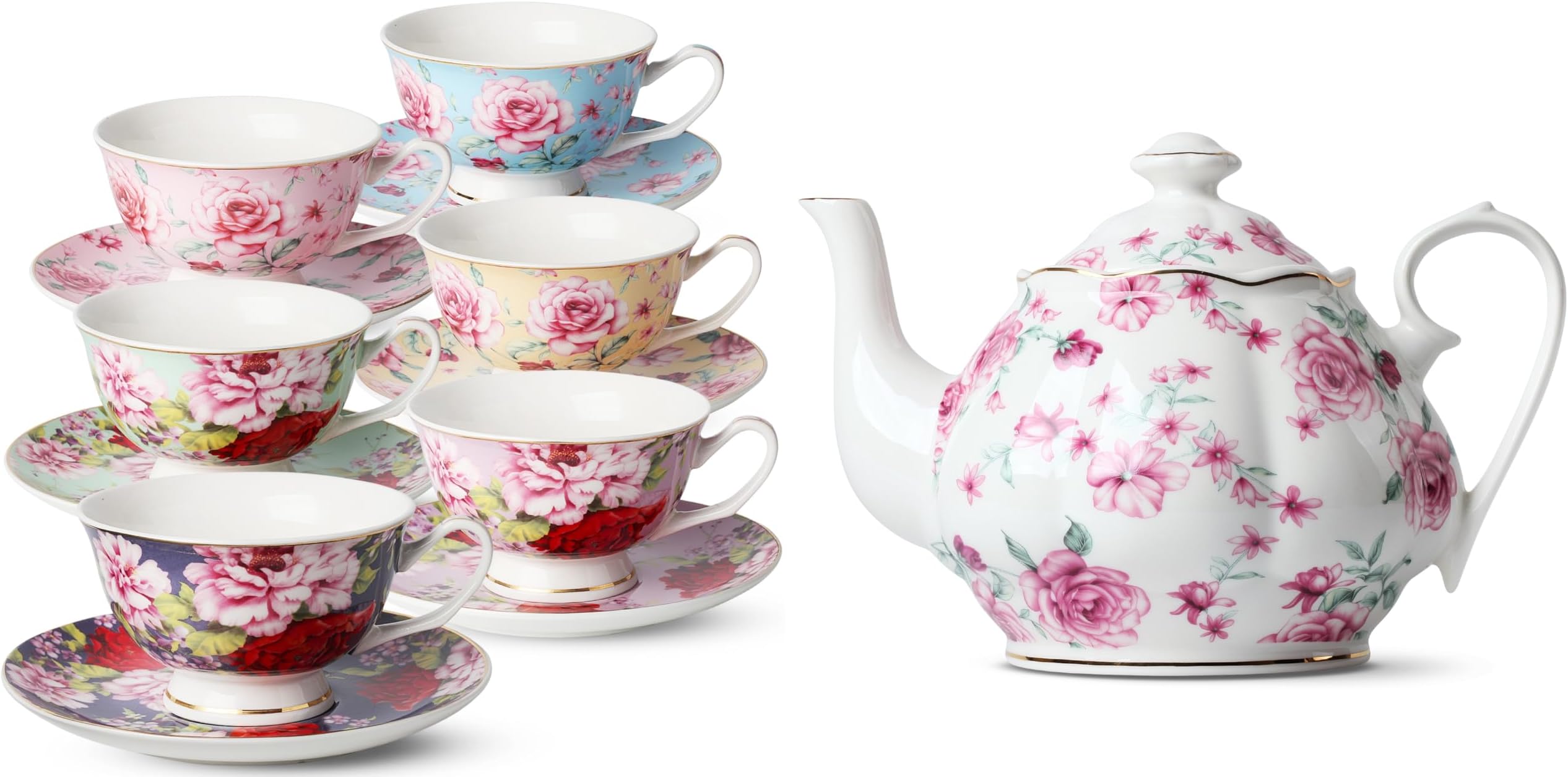 Amazon.com | BTaT- Tea Cups and Saucers Set of 6 and Floral Tea Pot, 38 ...