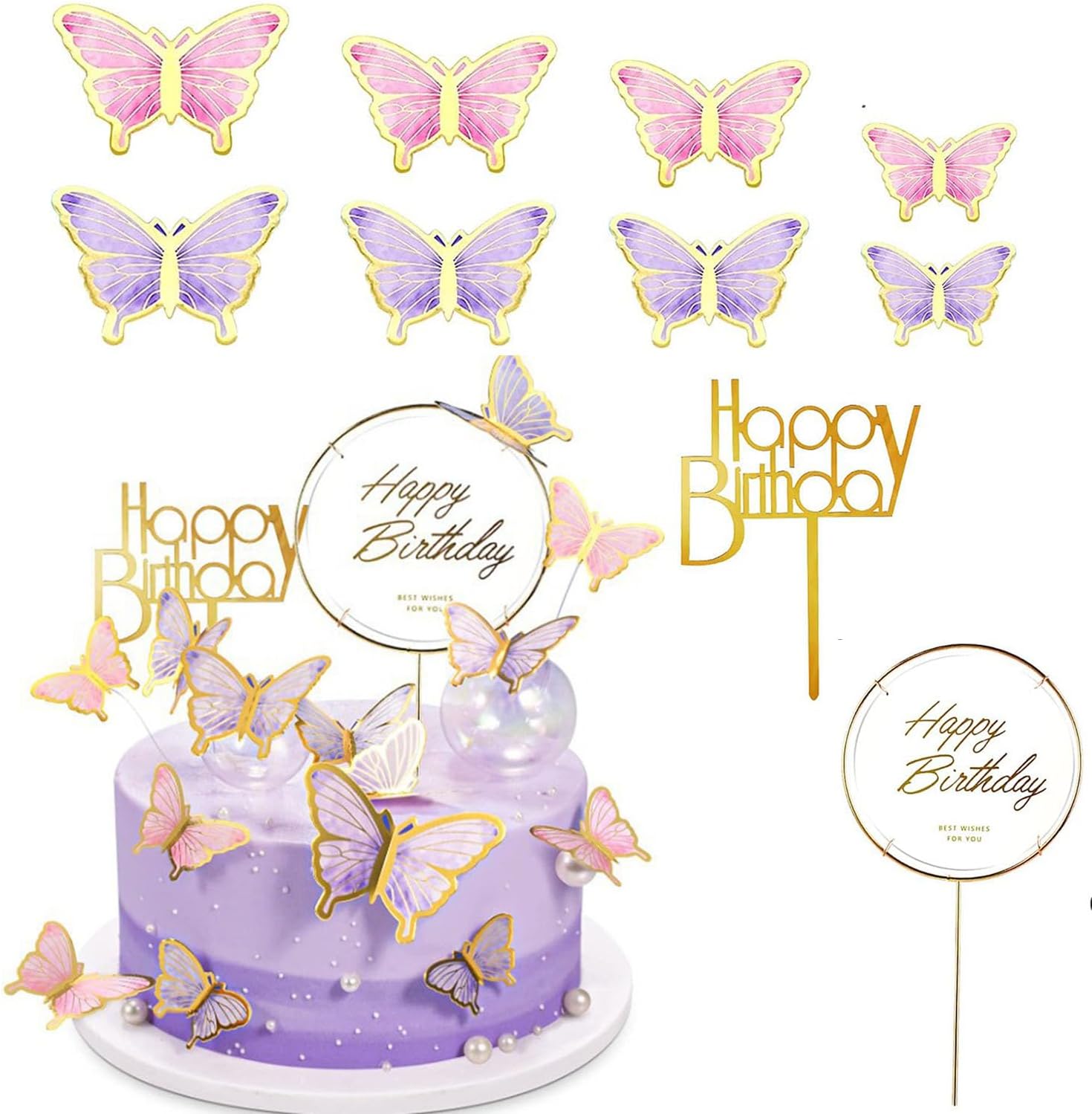 22 Pcs Butterfly Cake Decorations with Happy Birthday Acrylic Cake ...