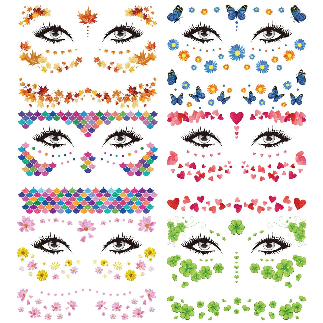 Amazon.com : Oottati 6 Sheets Temporary Tattoo Cute Flash Glitter Face ...