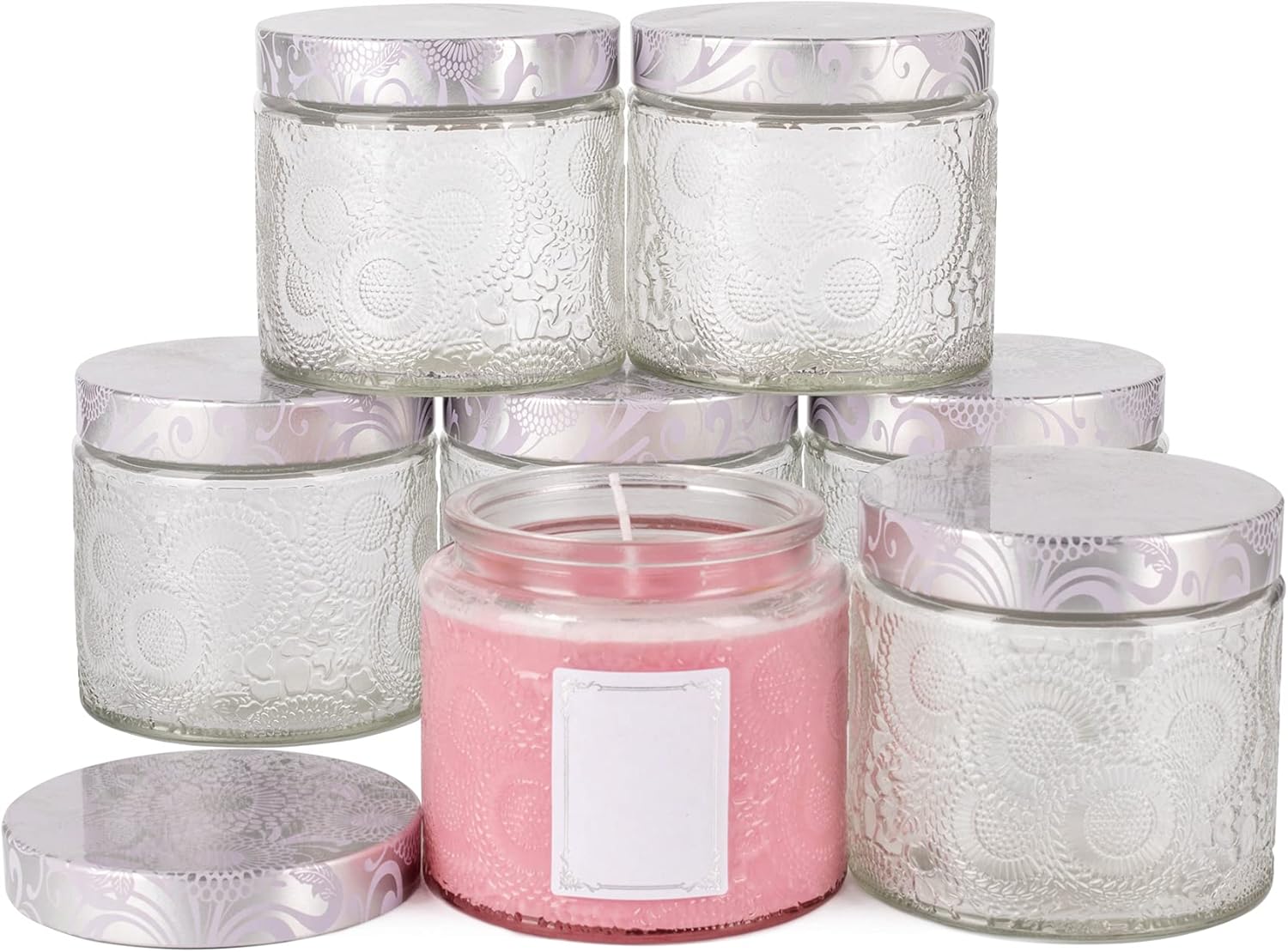 Embossed Glass Candle Container With Lid And Warning Label For Candle