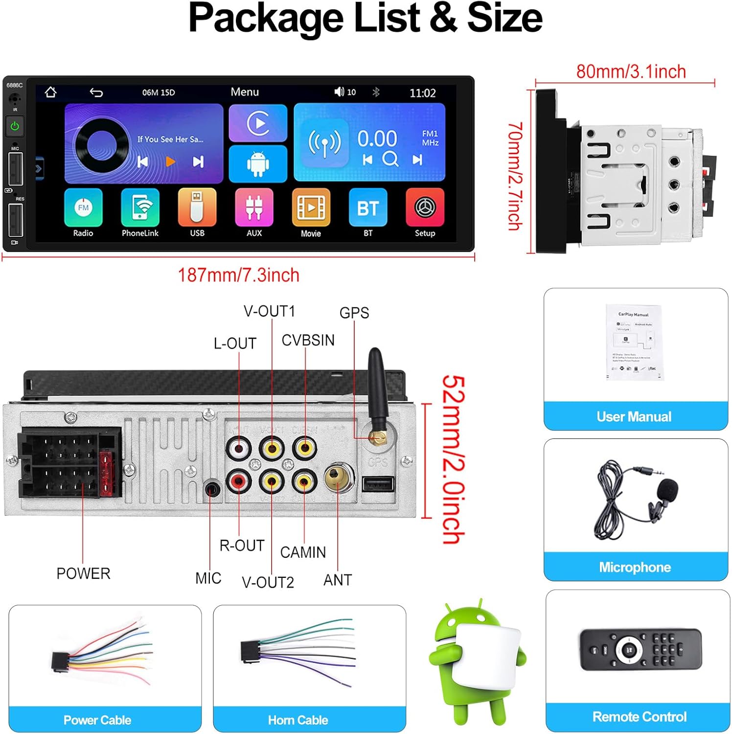 CAMECHO A3446A3 1 DIN Car Stereo with Wireless CarPlay and Android Auto ...