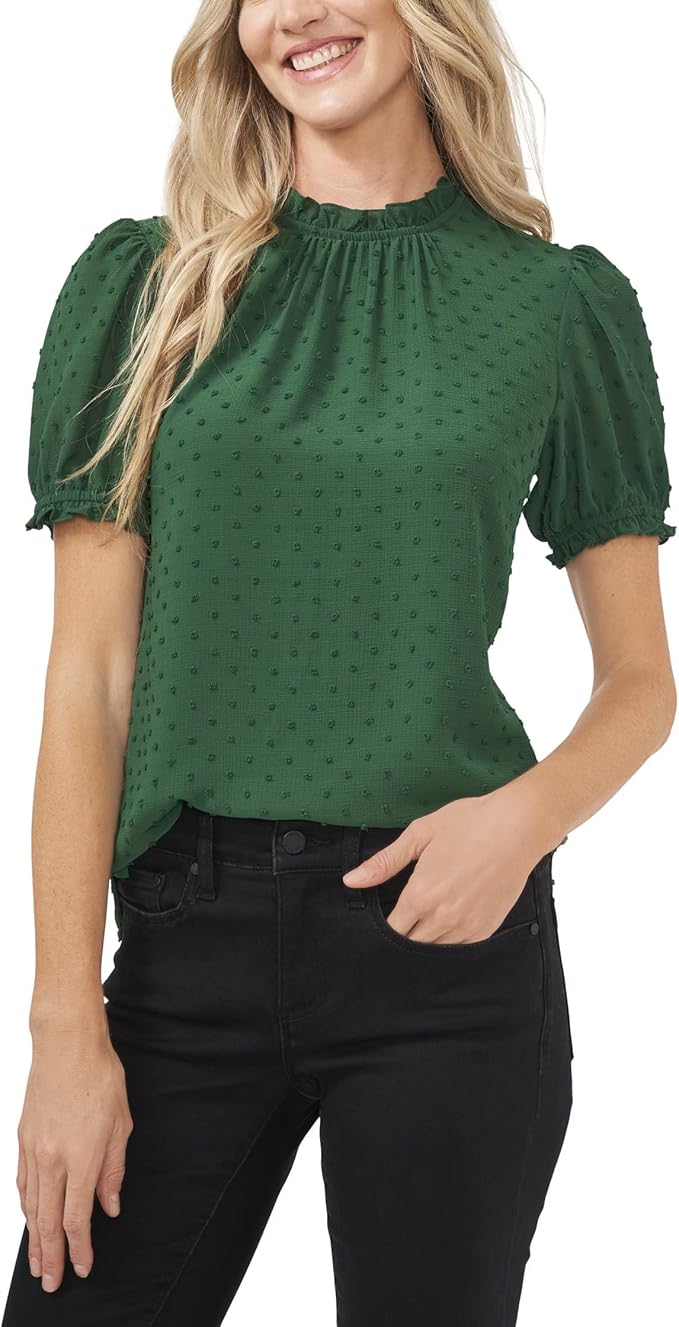 CeCe Short Sleeve Clip Dot Blouse Alpine Green XS at Amazon Women’s ...