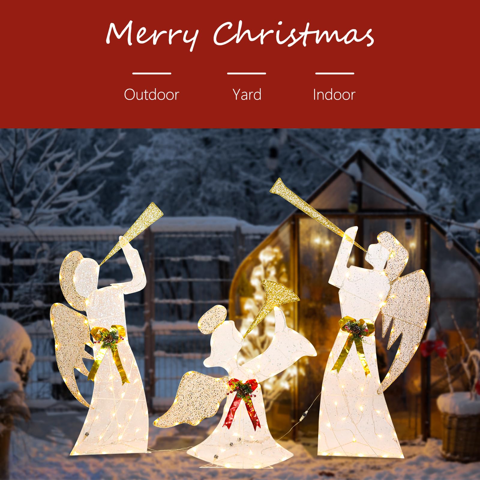 Large Outdoor Christmas Angels With Trumpets Lighted Glittered