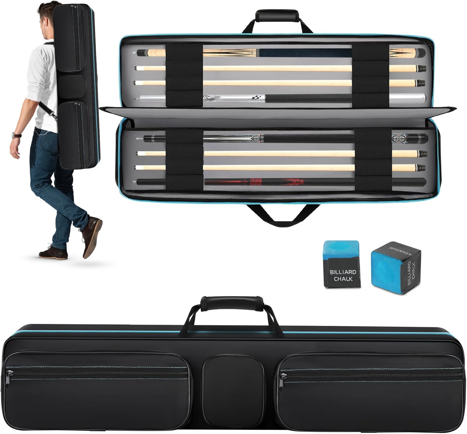 Pool Cue Case 4X4?4X4 Pool Stick Case Holds 4 Butts and 4 Shafts?Soft ...