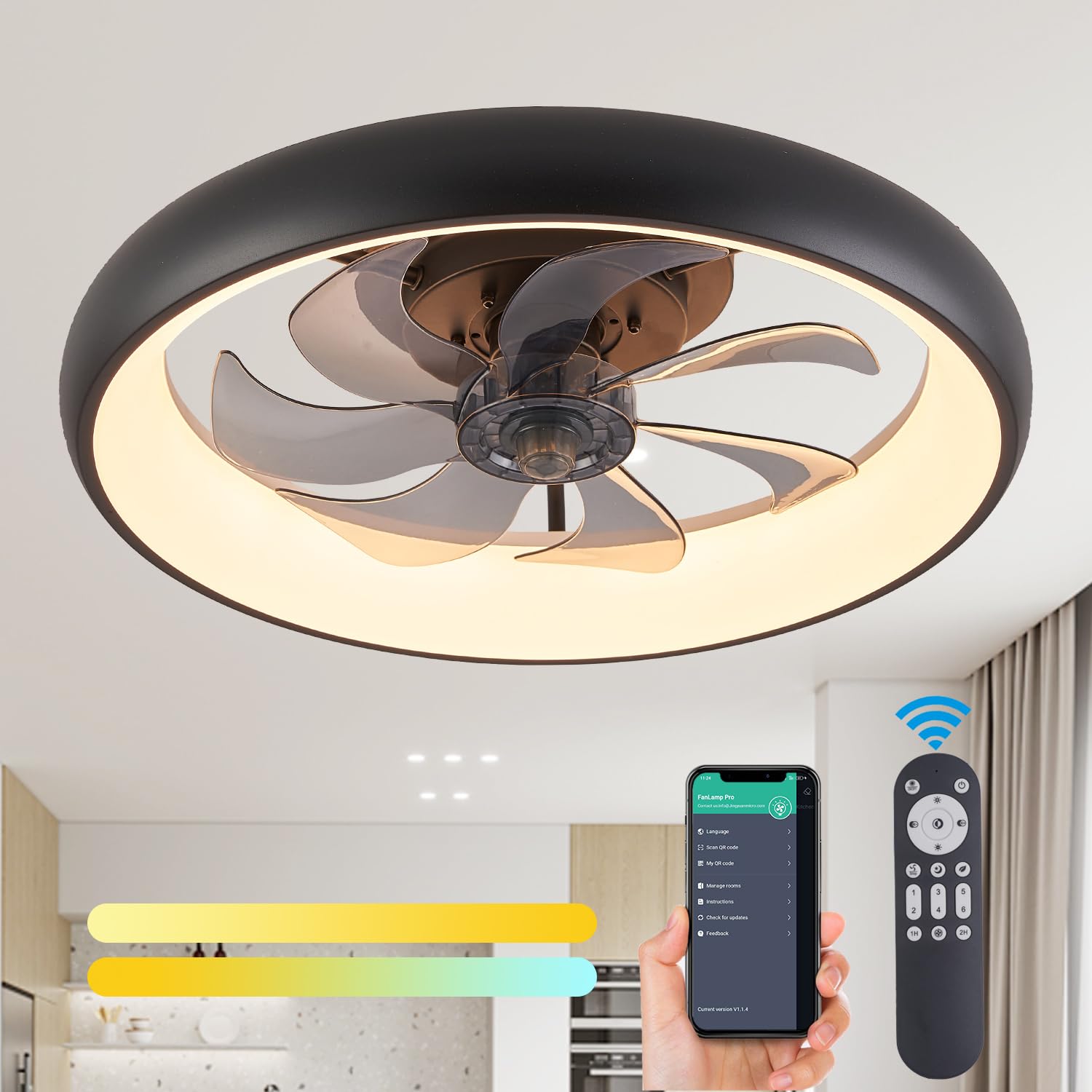 YOLIZUOT Modern Flush Mount Ceiling Fans with Lights, Low Profile ...