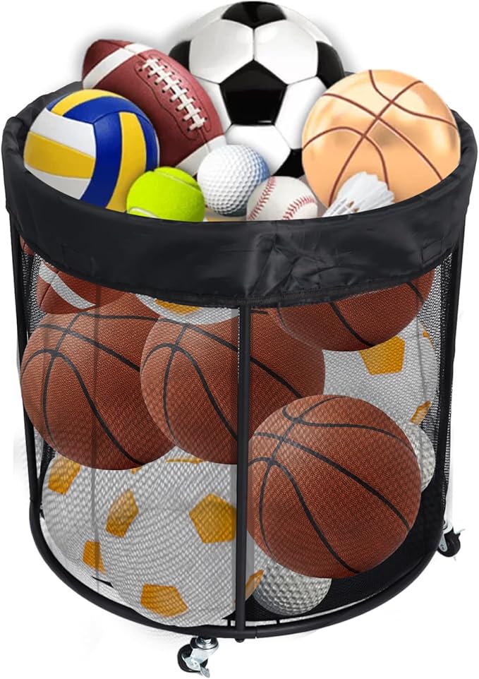 Amazon.com: Ball Storage Cart Rolling Sports Ball Cart, Metal Garage Organizer Sports Equipment ...