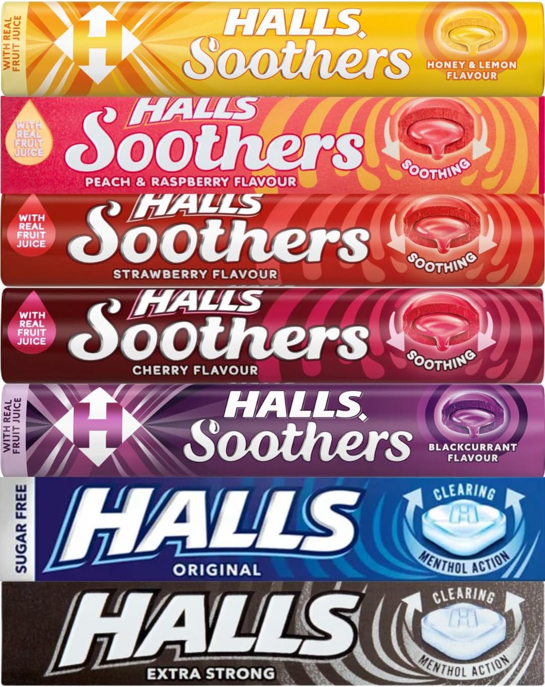 Halls Soothers Mixed Flavours x7, Extra Strong, Original, Blackcurrant ...