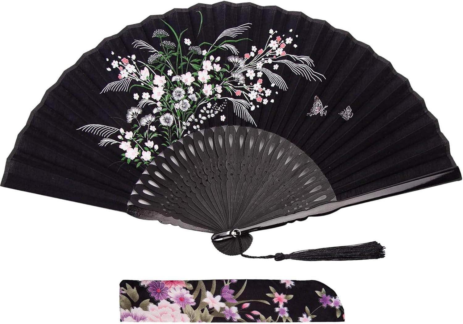 Amazon.com: JOHOUSE Black Fabric Folding Hand Fan with Tassel and Pouch ...