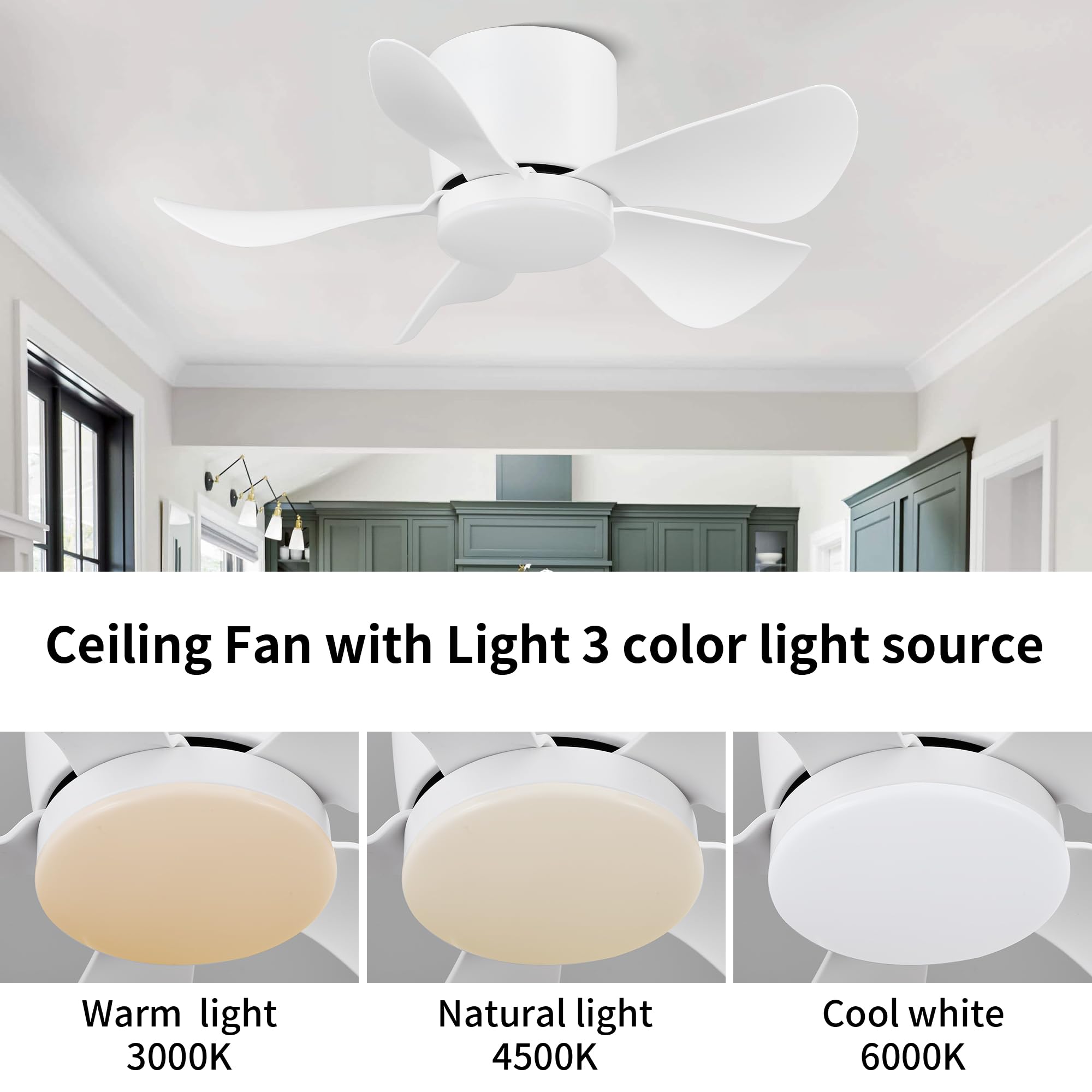 YJFAN 30 Inch Ceiling Fan with Light,Flush Mount Ceiling Fan with ...