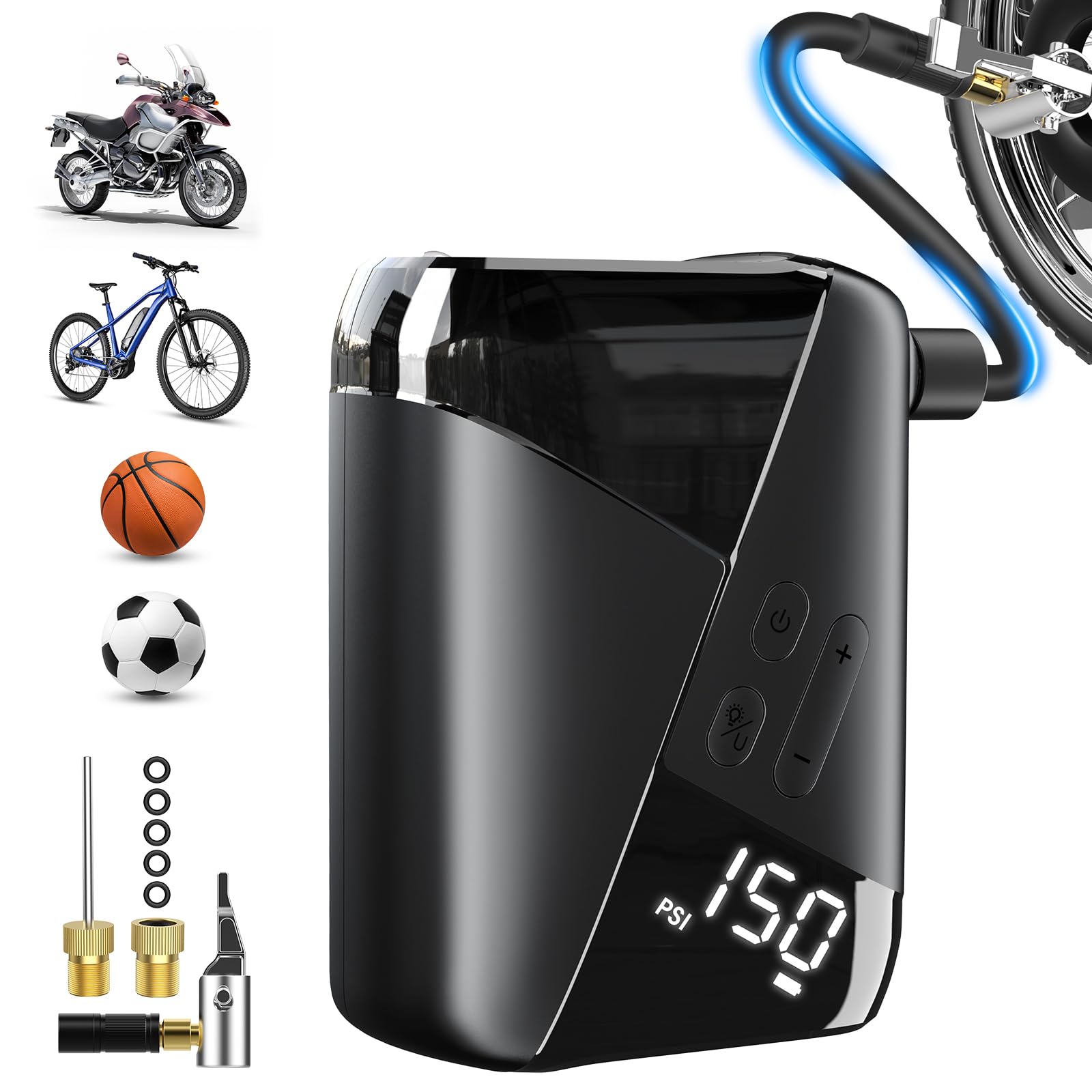 Amazon.com : Electric Bike Tire Pump, Max 150 PSI, Rechargeable 3000mAh ...